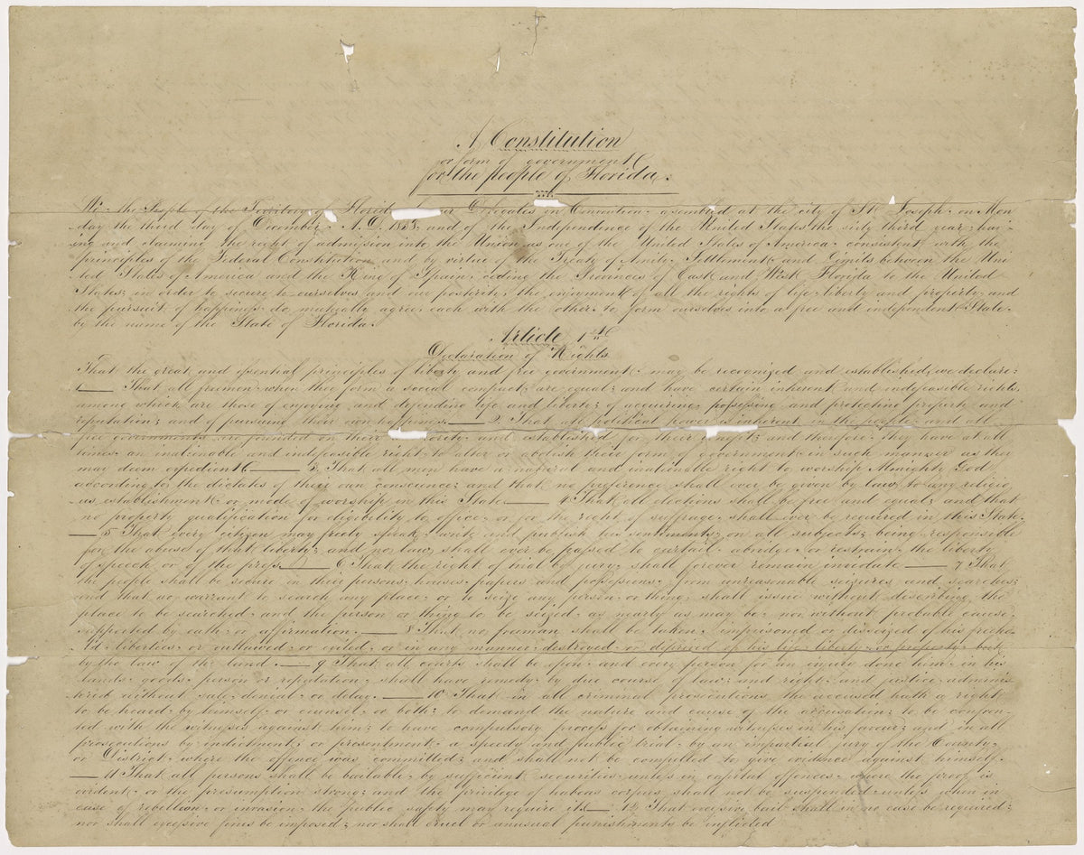 1838 Constitution of the State of Florida first page print – Florida's ...