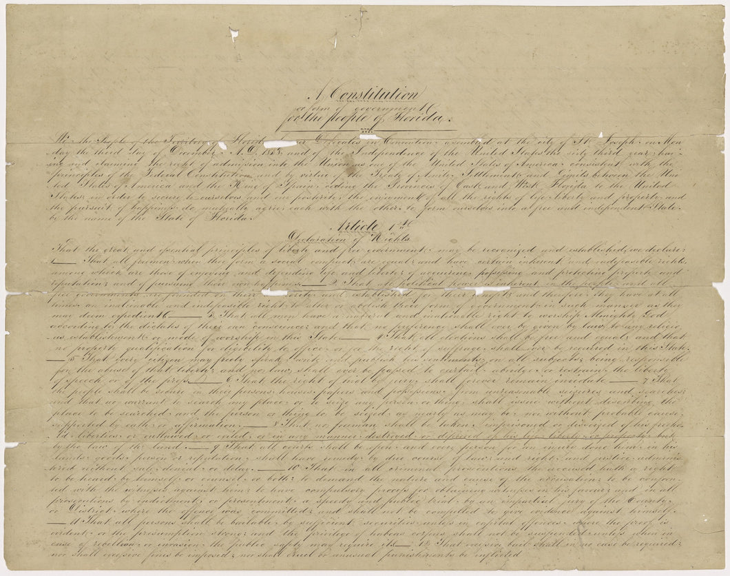 1838 Constitution of the State of Florida first page print – Florida's ...